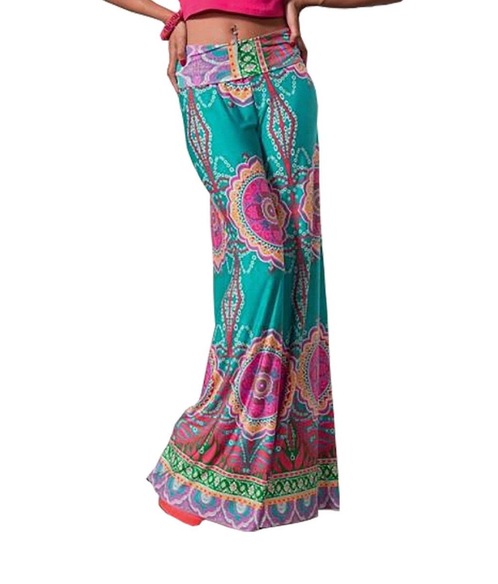 Womens Fold Over Waist Wide Leg Palazzo Pants (M, Teal Tropical)