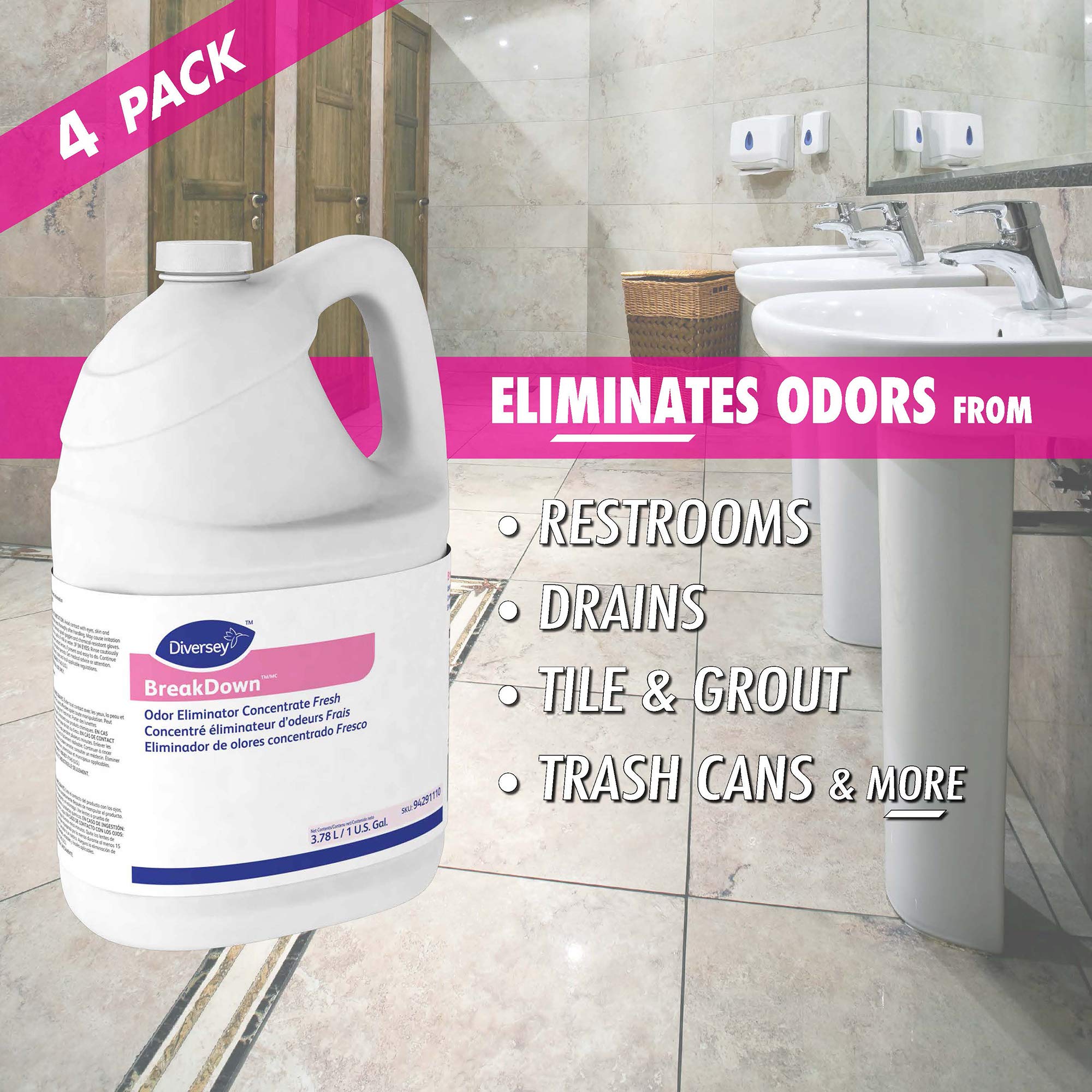 Diversey Breakdown Odor Eliminator - Fresh Scent - 1 Gallon Concentrate, 4 Pack (Packaging May Vary)