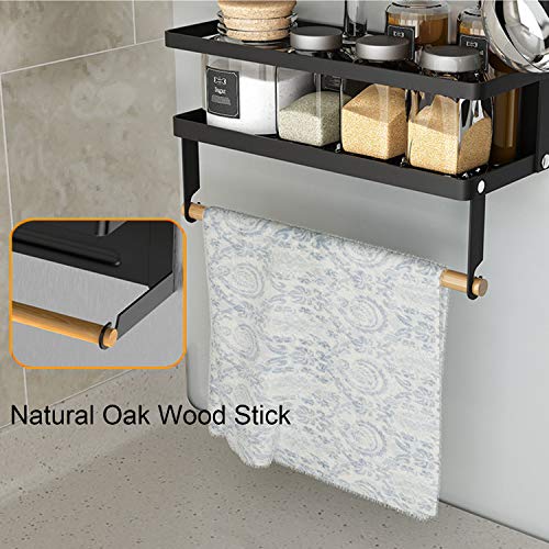 Magnetic Spice Rack,4 Tier Kitchen Magnetic Shelf for Refrigerator Fridge Organizer with 2 Paper Towel Holders and 5 Removable Hooks,Matte Black