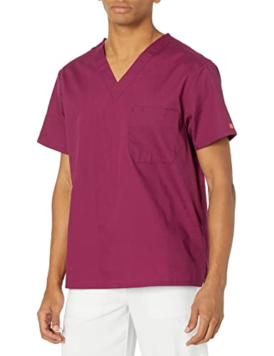 Dickies Men's Signature V-Neck Scrubs Shirt, Wine, Large