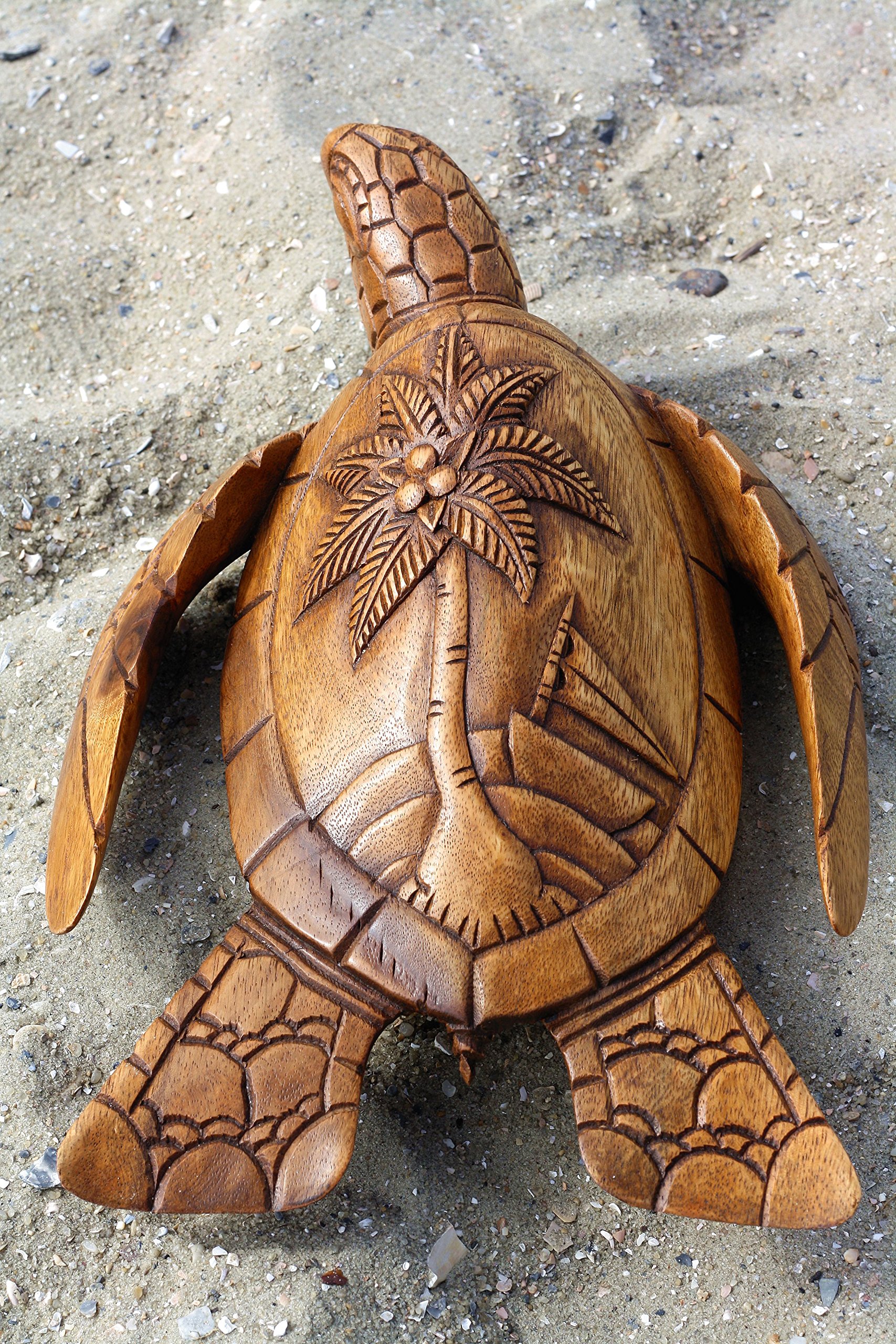 G6 Collection 12" Long Wooden Hand Carved Turtle Tortoise Statue Figurine Sculpture Handcrafted Handmade Decorative Home Decor Accent Rustic Seaside Tropical Nautical Ocean Coastal Decoration