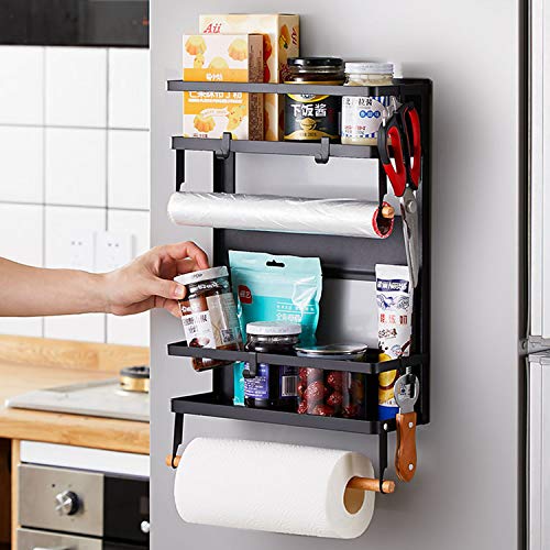 Magnetic Spice Rack,4 Tier Kitchen Magnetic Shelf for Refrigerator Fridge Organizer with 2 Paper Towel Holders and 5 Removable Hooks,Matte Black