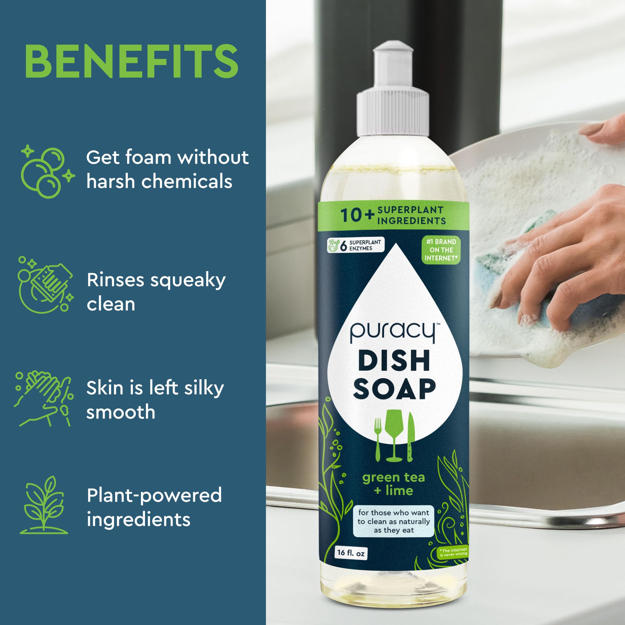 Puracy Natural Dish Soap - Skin-Softening Plant-Based Dishwashing Soap, Non-Toxic Dish Soap, Organic Liquid Dishwashing Detergent Soap (Green Tea & Lime, 16 fl oz)