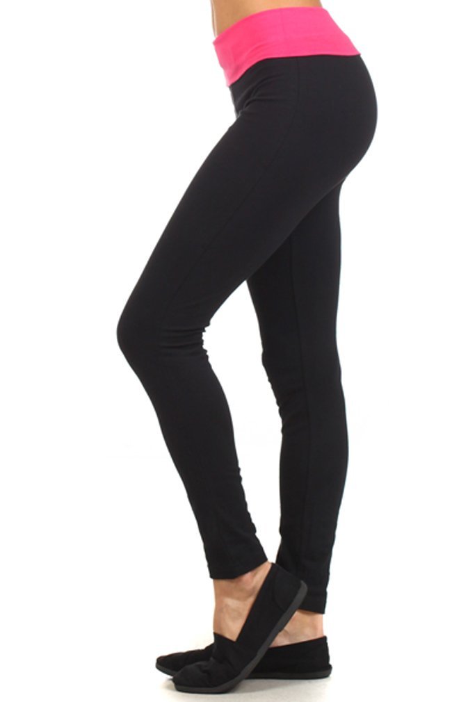 MOPAS Yoga Pants with Fold Over Solid Waistband Pink Size S