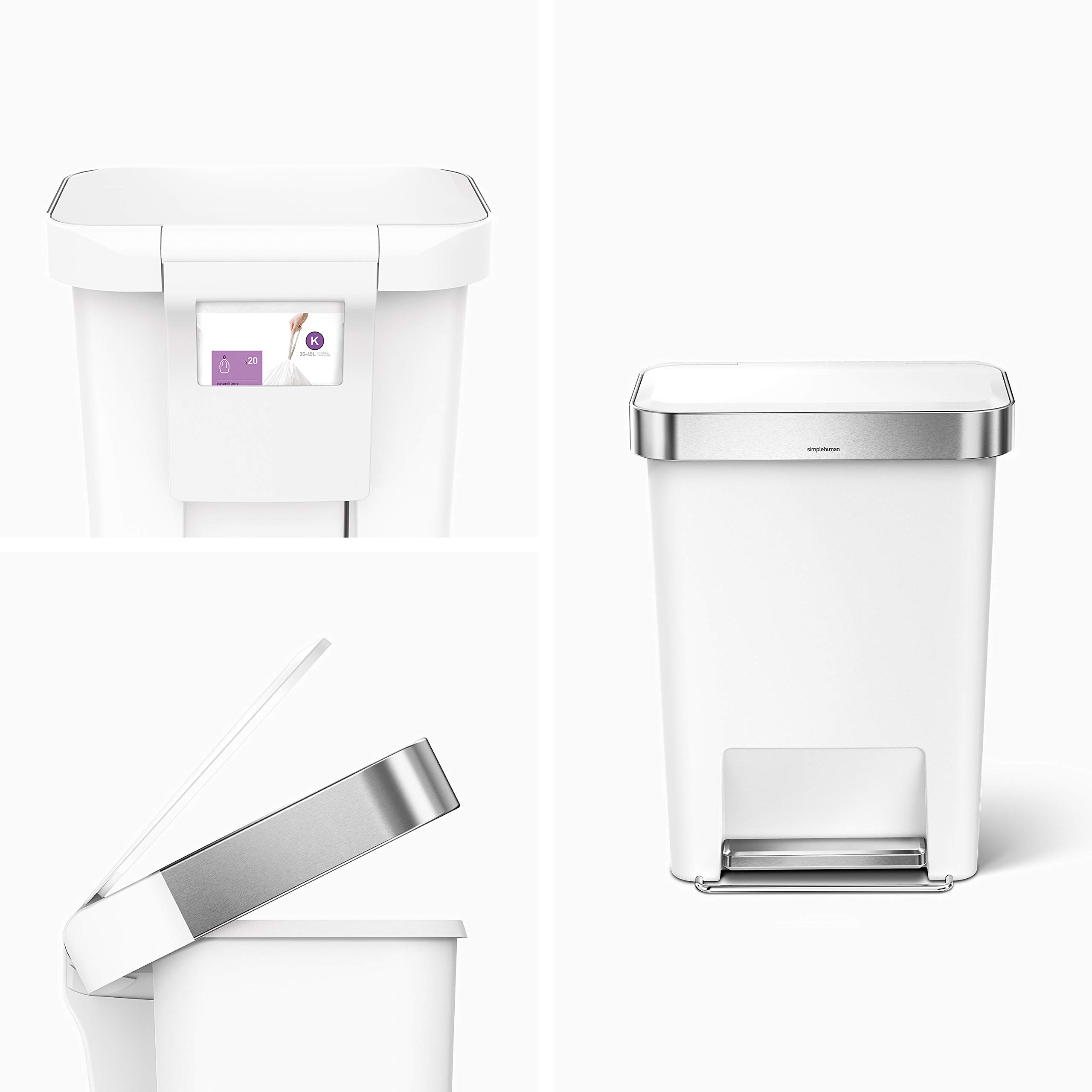 simplehuman 45 Liter / 12 Gallon Rectangular Kitchen Step Trash Can with Soft-Close Lid, White Plastic