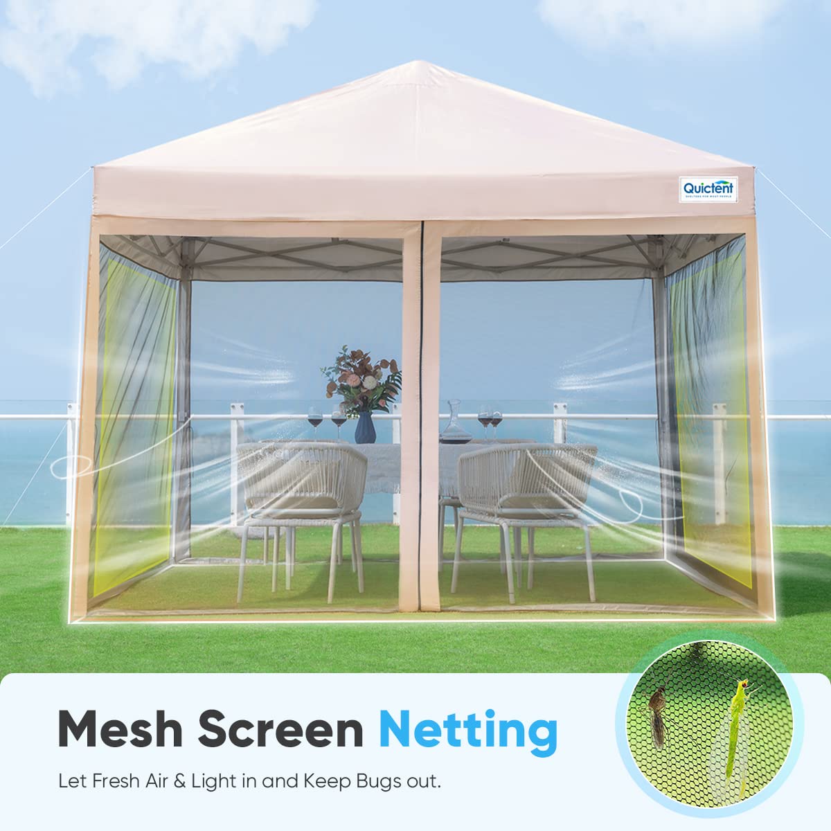 Quictent 8'x8β Pop up Screened Canopy Tent with Mosquito Netting, Portable Easy up Outdoor Screen House Shelter for Patio, Camping and Picnic, Includes Wheeled Carry Bag (Tan)