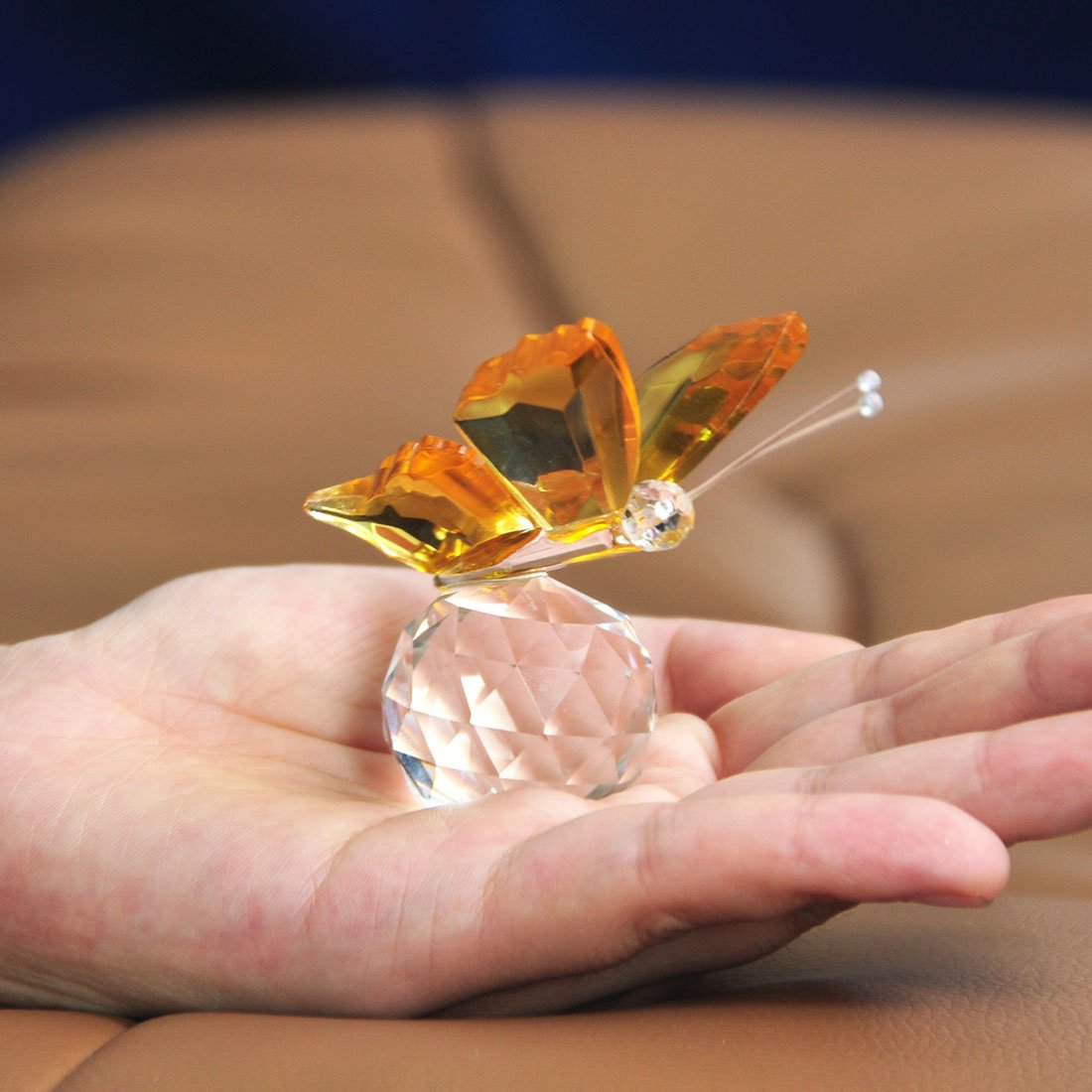 H&D Crystal Flying Butterfly with Crystal Ball Base Figurine Collection Cut Glass Ornament Statue Animal Collectible (Yellow)