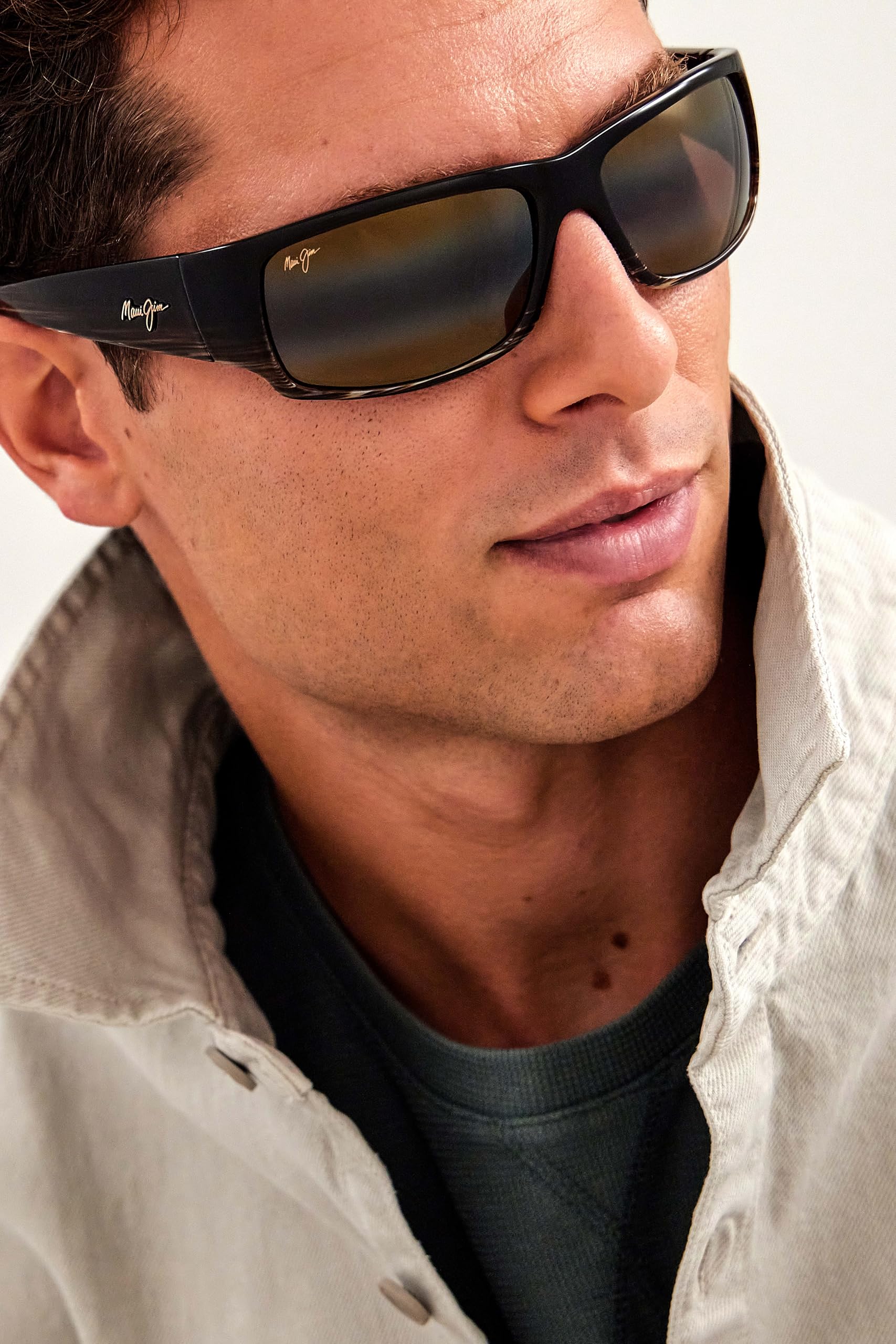 Maui Jim Men's and Women's World Cup Polarized Wrap Sunglasses, Chocolate Stripe Fade/HCL® Bronze, Large