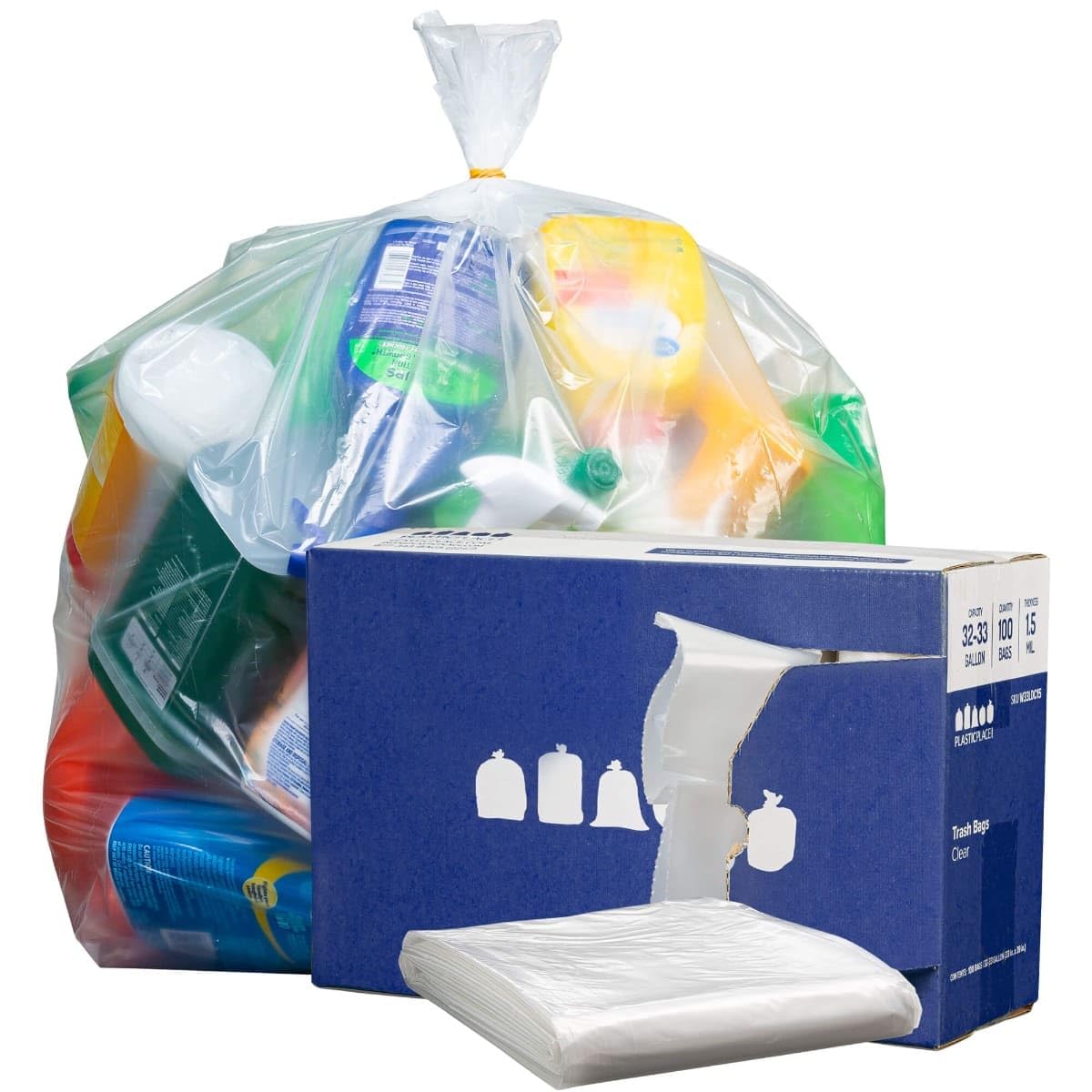 Plasticplace 32-33 Gallon Trash Bags │ 1.5 Mil │ Clear Heavy Duty Garbage Can Liners │ 33" x 39", 100 Count (Pack of 1), (W33LDC15)