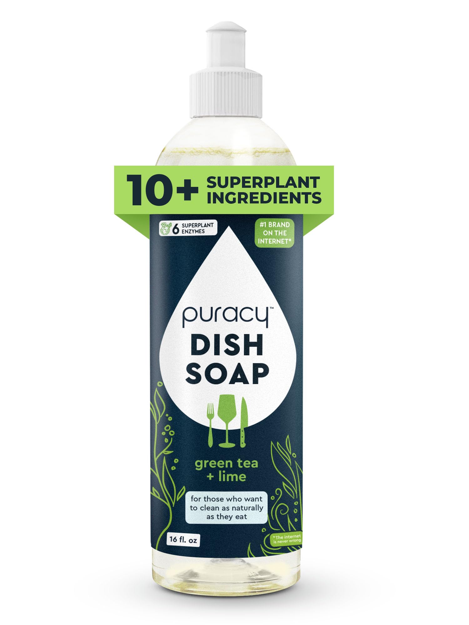 Puracy Natural Dish Soap - Skin-Softening Plant-Based Dishwashing Soap, Non-Toxic Dish Soap, Organic Liquid Dishwashing Detergent Soap (Green Tea & Lime, 16 fl oz)