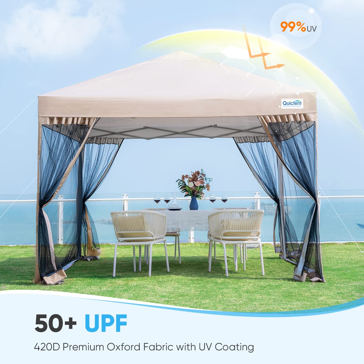 Quictent 8'x8β Pop up Screened Canopy Tent with Mosquito Netting, Portable Easy up Outdoor Screen House Shelter for Patio, Camping and Picnic, Includes Wheeled Carry Bag (Tan)
