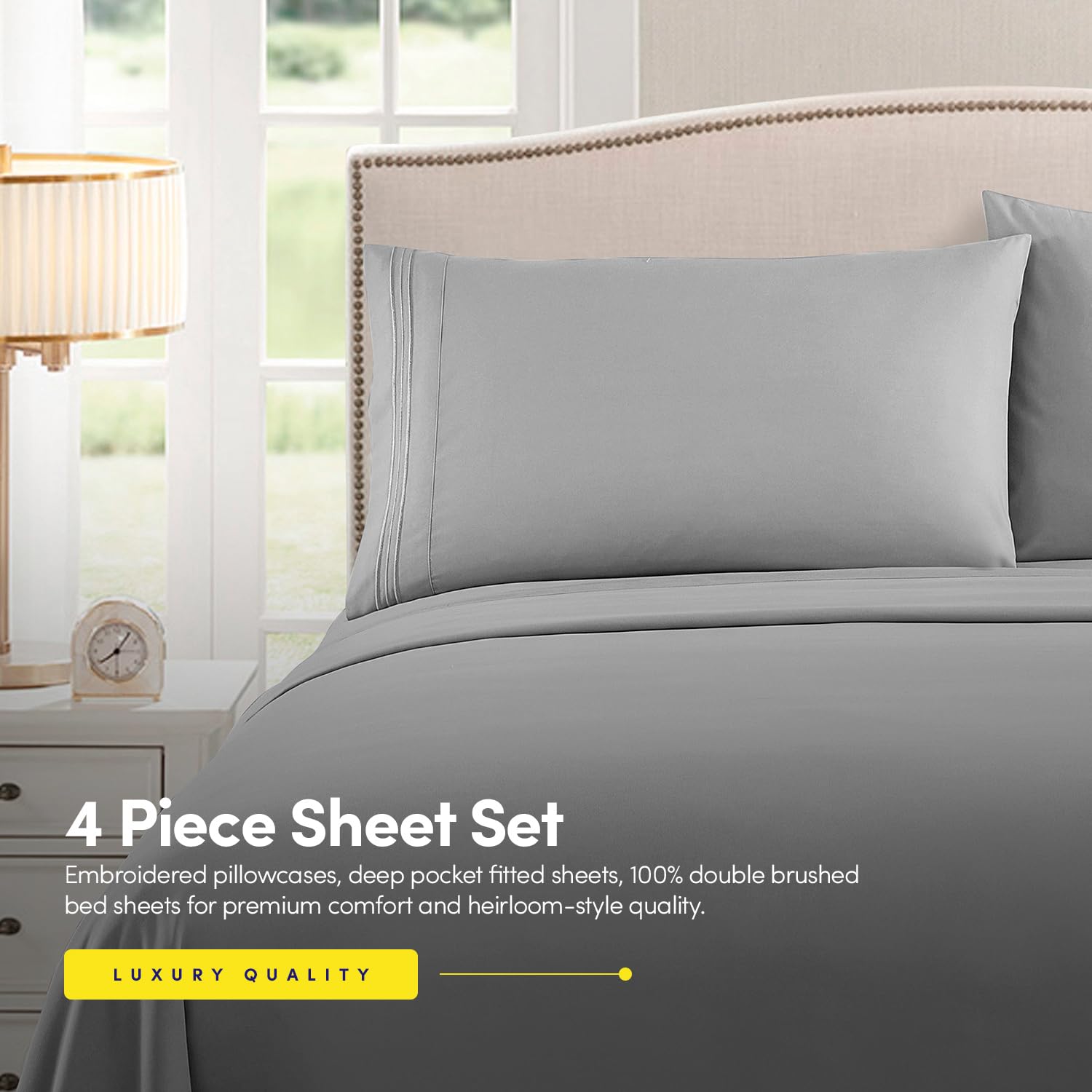 1500 Supreme Collection Twin Sheet Sets Light Gray Silver - 3 Piece Bed Sheets and Pillowcase Set for Twin Mattress - Extra Soft, Elastic Corner Straps, Deep Pocket Sheets, Twin Light Gray Silver