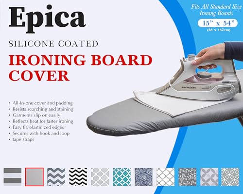 Epica Ironing Board Cover and Pad - Standard Size 15x54 Padded Ironing Board Covers, Heat Reflective Coating, Elastic Edge, Thick Pads, Scorch & Stain Resistant Iron Board Cover with Padding Grey