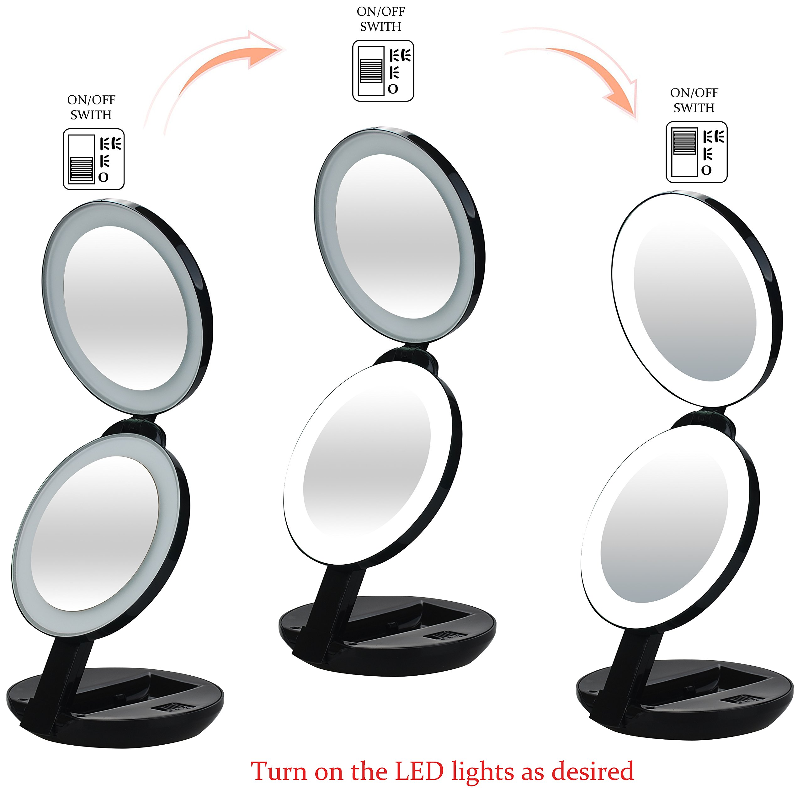 VrHere MirriM LED Lighted Travel Makeup Magnifying Mirror,Magnifies 10x and 1x, Luxury Double Side and Folding Pocket Vanity/Cosmetic Mirror (Black)