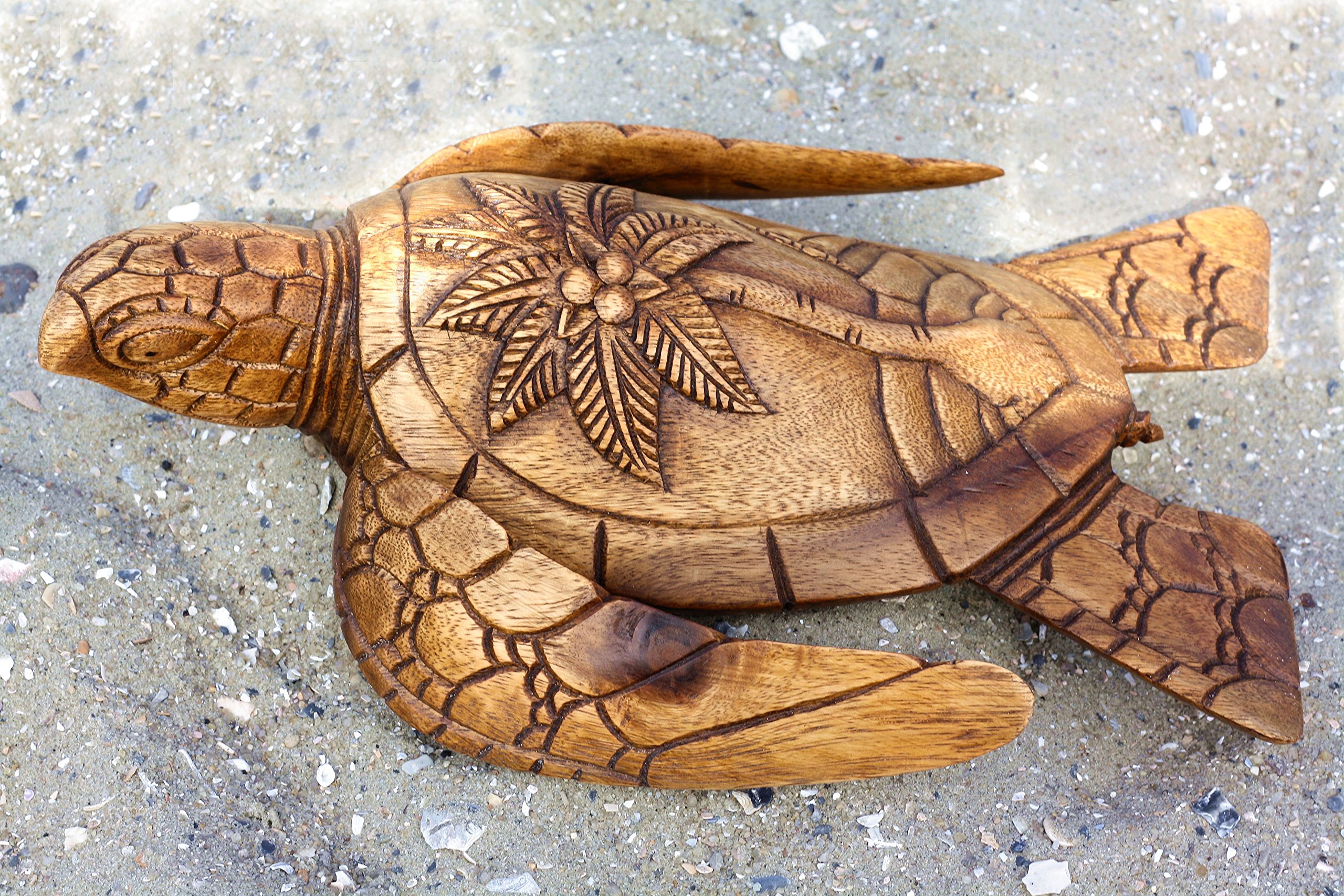 G6 Collection 12" Long Wooden Hand Carved Turtle Tortoise Statue Figurine Sculpture Handcrafted Handmade Decorative Home Decor Accent Rustic Seaside Tropical Nautical Ocean Coastal Decoration