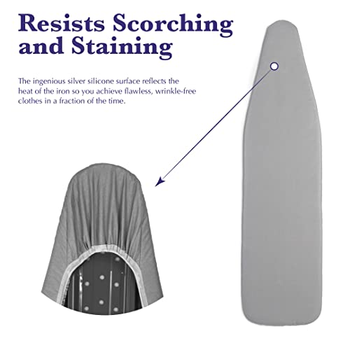Epica Ironing Board Cover and Pad - Standard Size 15x54 Padded Ironing Board Covers, Heat Reflective Coating, Elastic Edge, Thick Pads, Scorch & Stain Resistant Iron Board Cover with Padding Grey
