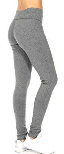 MOPAS Womens Yoga Pants with Fold Over Solid Waistband Grey Medium