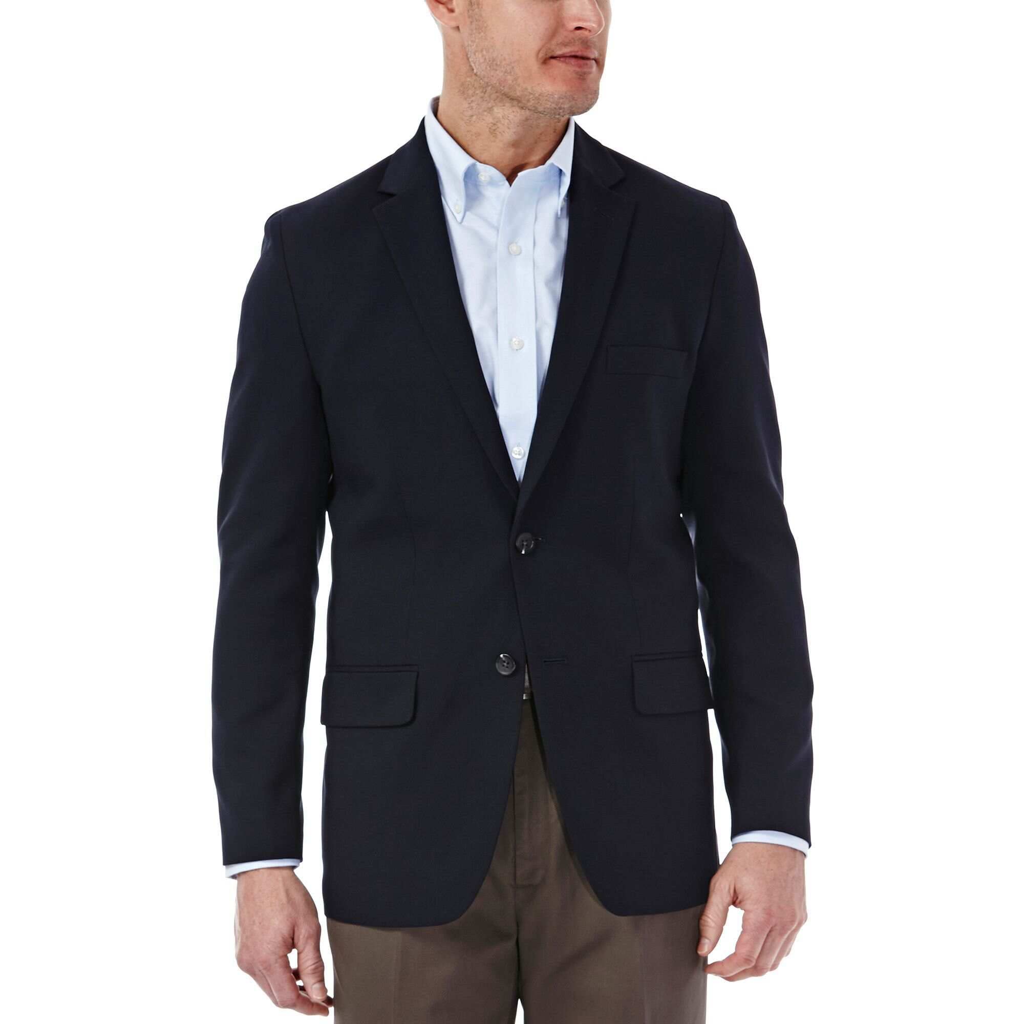 Haggar Men's Travel Stretch Tailored Fit 2-Button Side Vent Solid Blazer, Midnight, 42 Regular