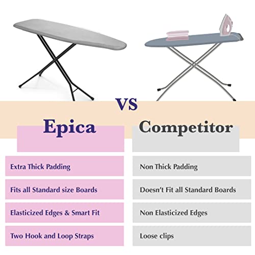 Epica Ironing Board Cover and Pad - Standard Size 15x54 Padded Ironing Board Covers, Heat Reflective Coating, Elastic Edge, Thick Pads, Scorch & Stain Resistant Iron Board Cover with Padding Grey