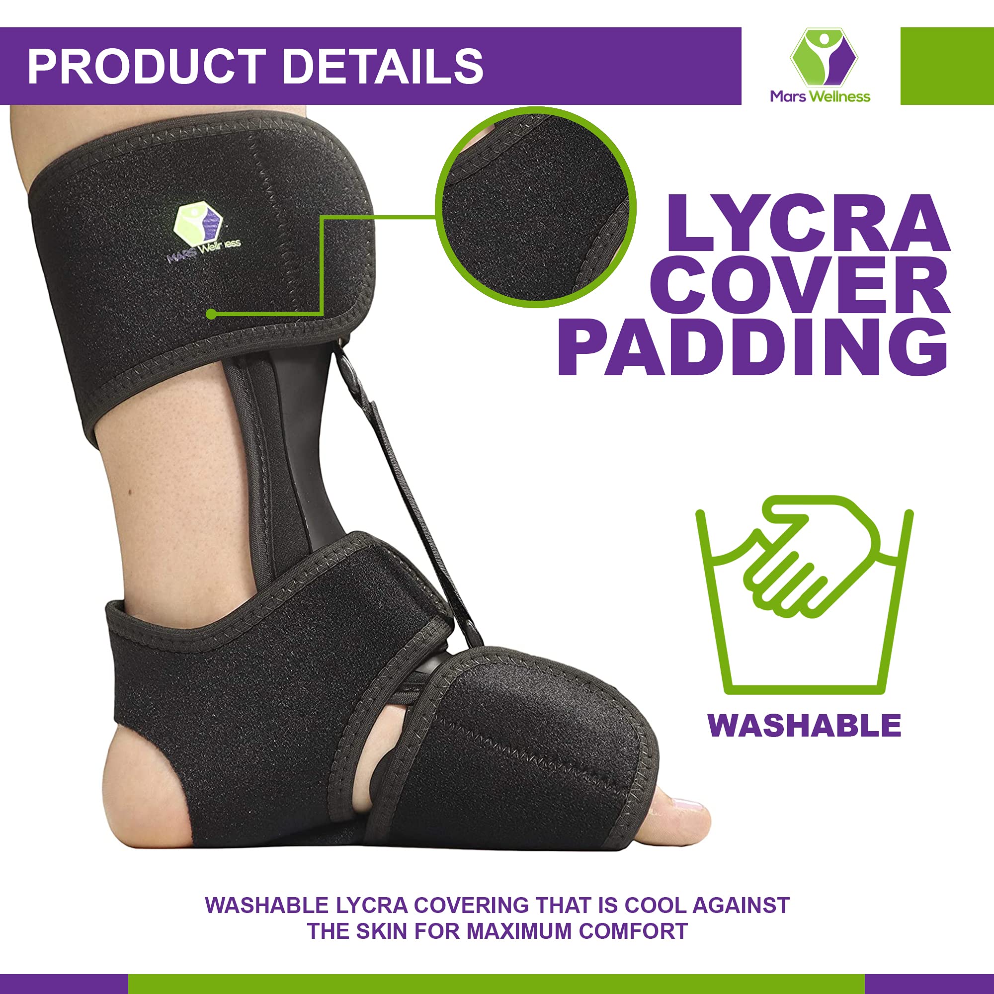 MARS WELLNESS Comfort Dorsal Night Splint - Pain Relief from Plantar Fasciitis, Drop Foot, and Achilles Tendinitis - Large