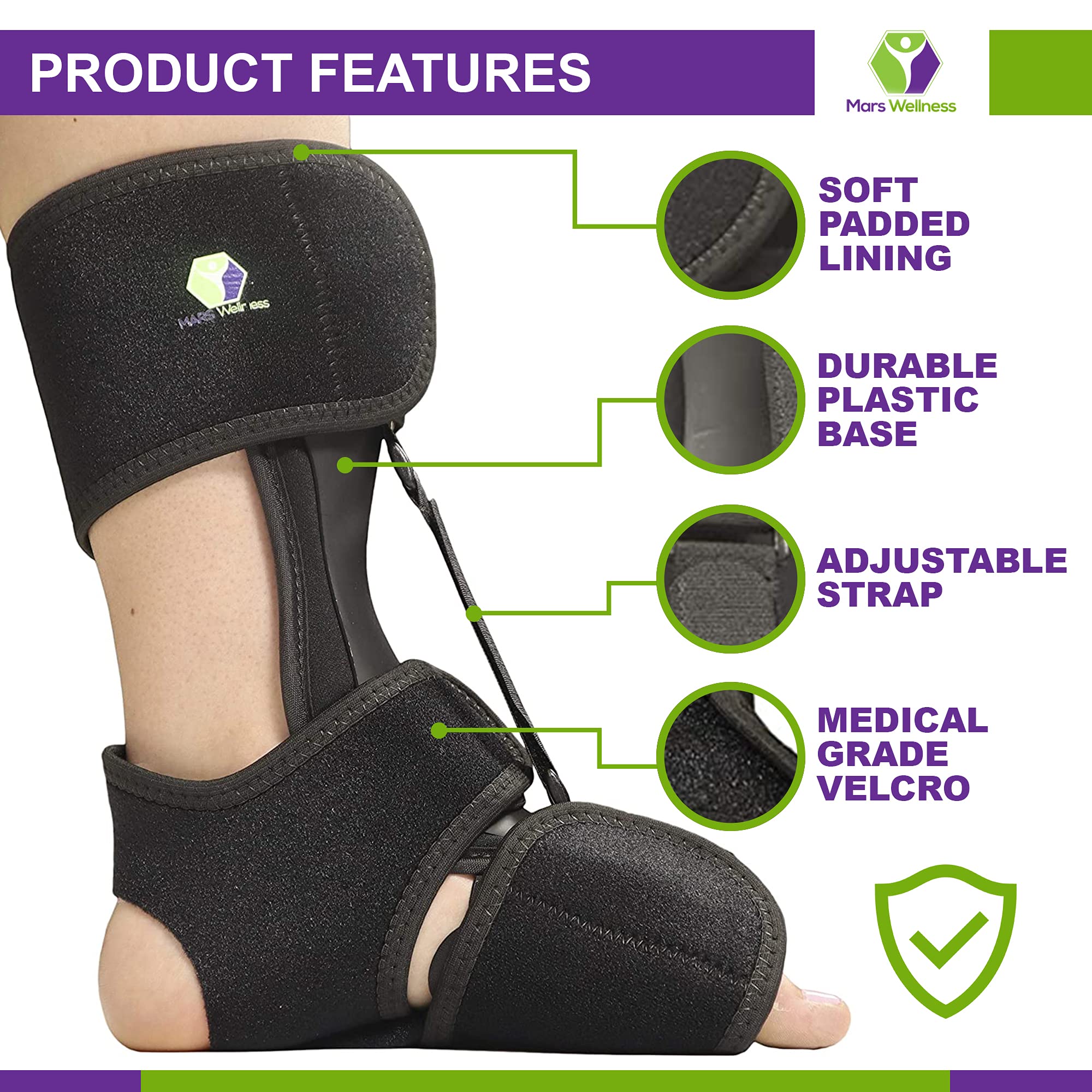 MARS WELLNESS Comfort Dorsal Night Splint - Pain Relief from Plantar Fasciitis, Drop Foot, and Achilles Tendinitis - Large