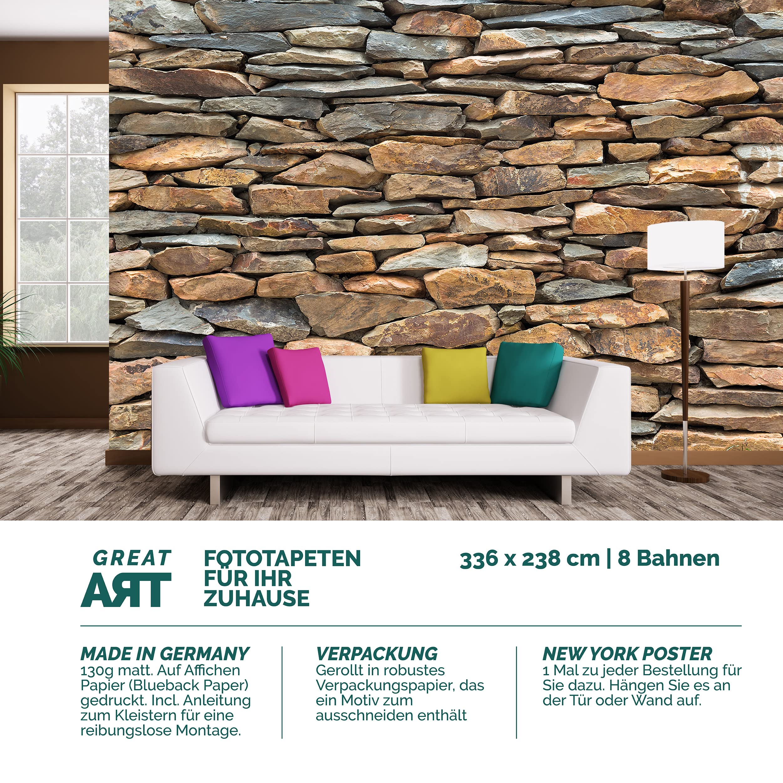 GREAT ART Large Photo Wallpaper β Shale Stonewall β Photo Decoration Stones Optic Mural Rocks Walls Rustic Stone Industrial Design Look Wall Decor Image Decor Wall Mural (132.3x93.7in - 336x238cm)