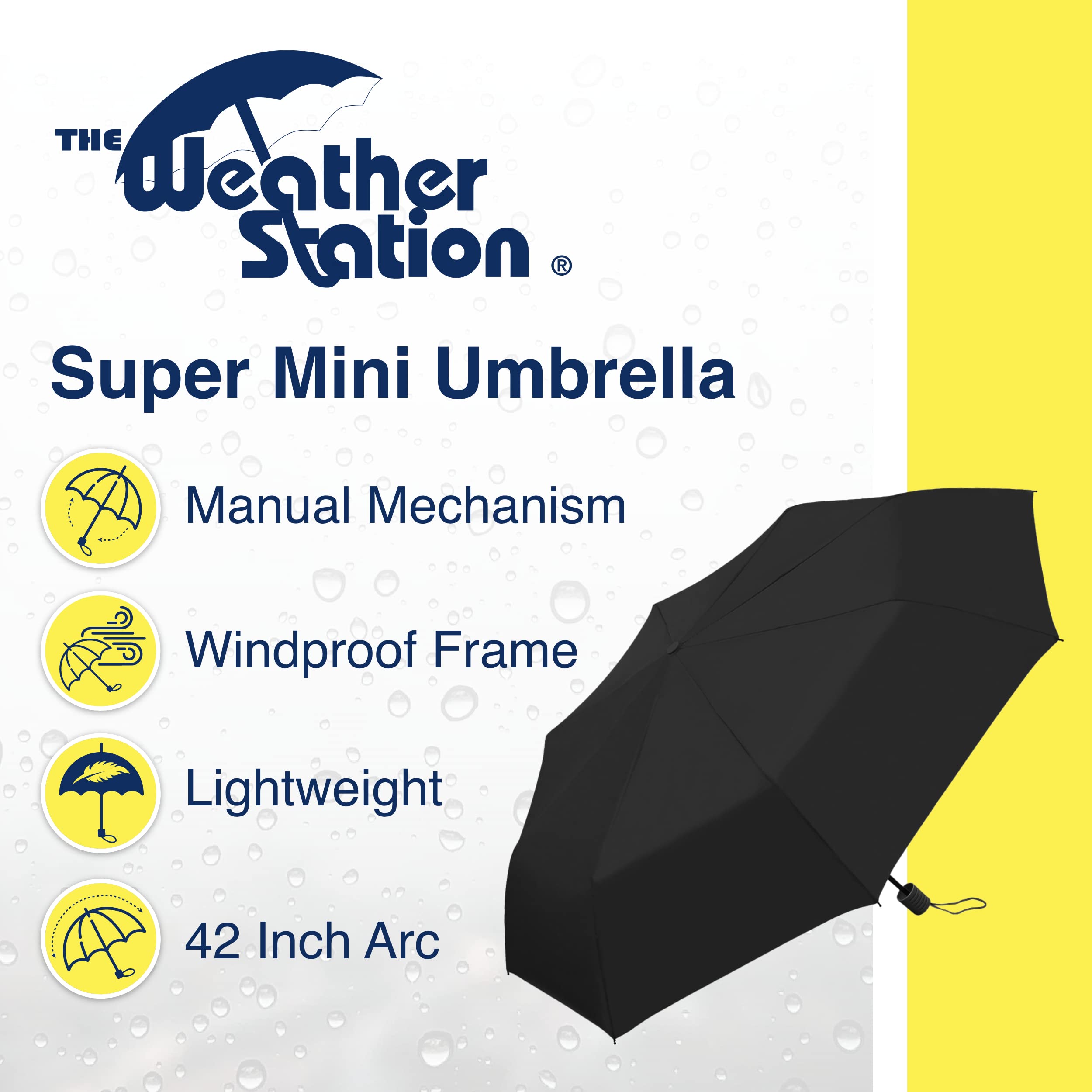 Weather Station Mini Manual Rain Umbrella, Windproof, Lightweight and Packable for Travel, Full 42 Inch Arc, Black