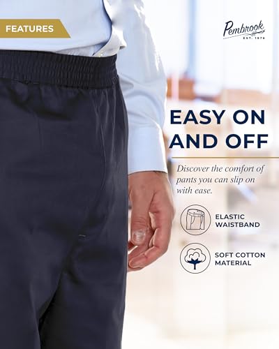 Pembrook Mens Elastic Waist Pants for Seniors | Navy Mens Elastic Waist Dress Pants | Loose Fit Adaptive Pull on Jeans for Men