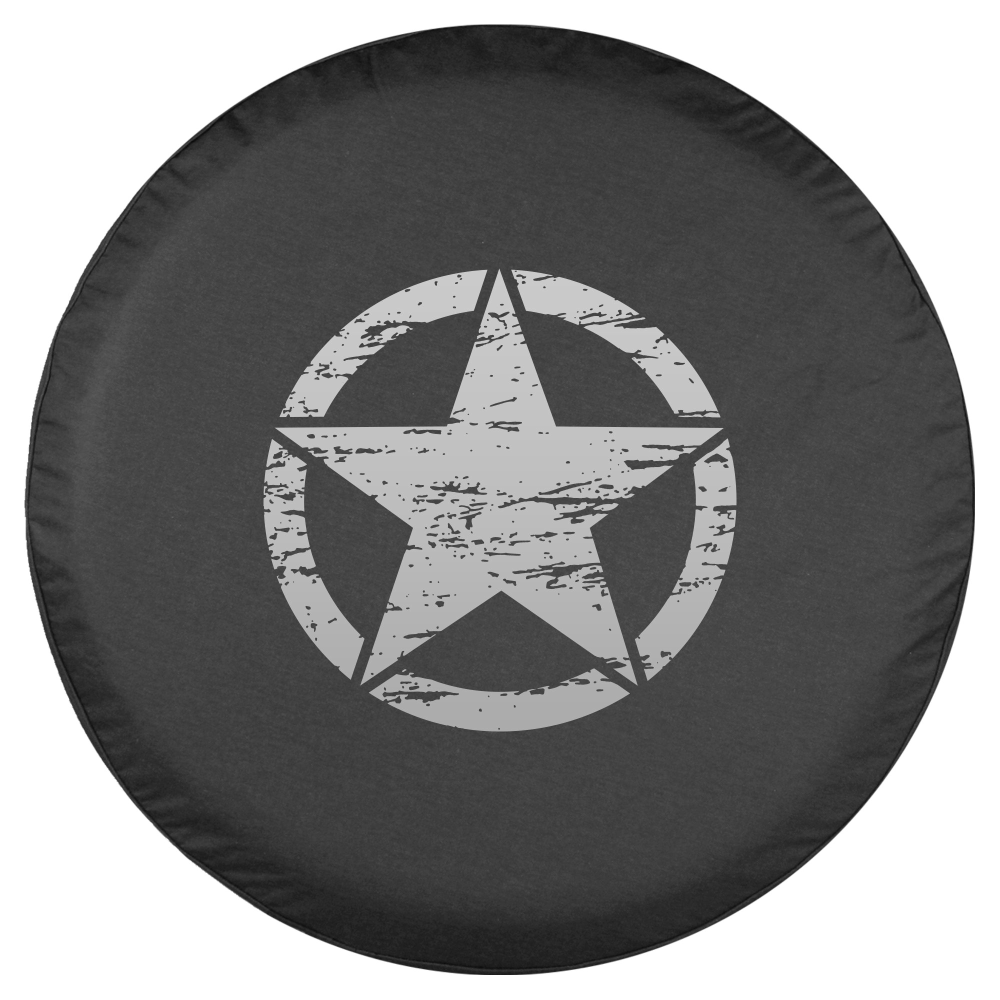 Boomerang - 32" Distressed Star - Spare Tire Cover - (Black Denim Vinyl) for Jeep Wrangler JK (2007-2018) - Silver Print - Made in The USA
