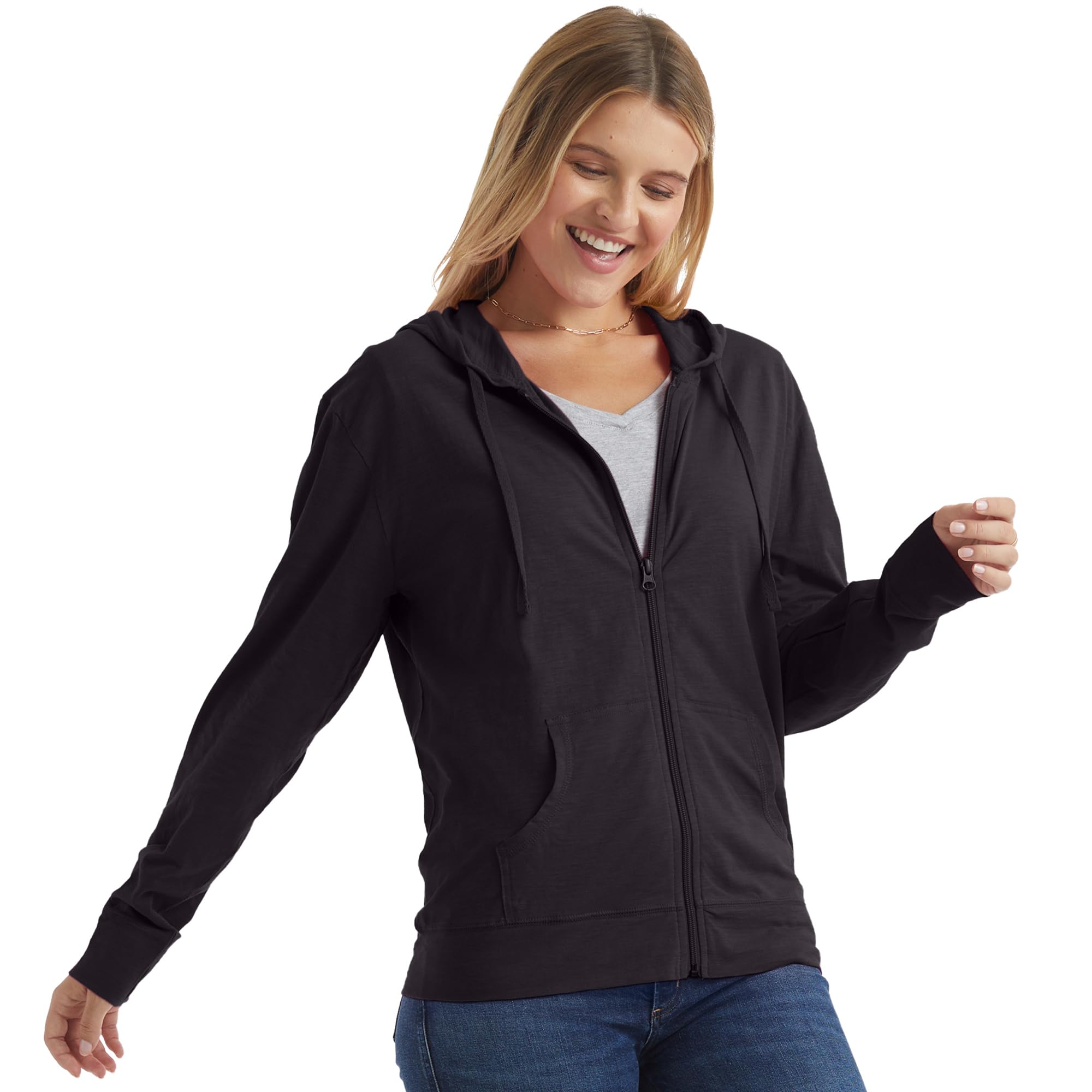 Hanes womens Slub Jersey fashion hoodies, Black, Small US