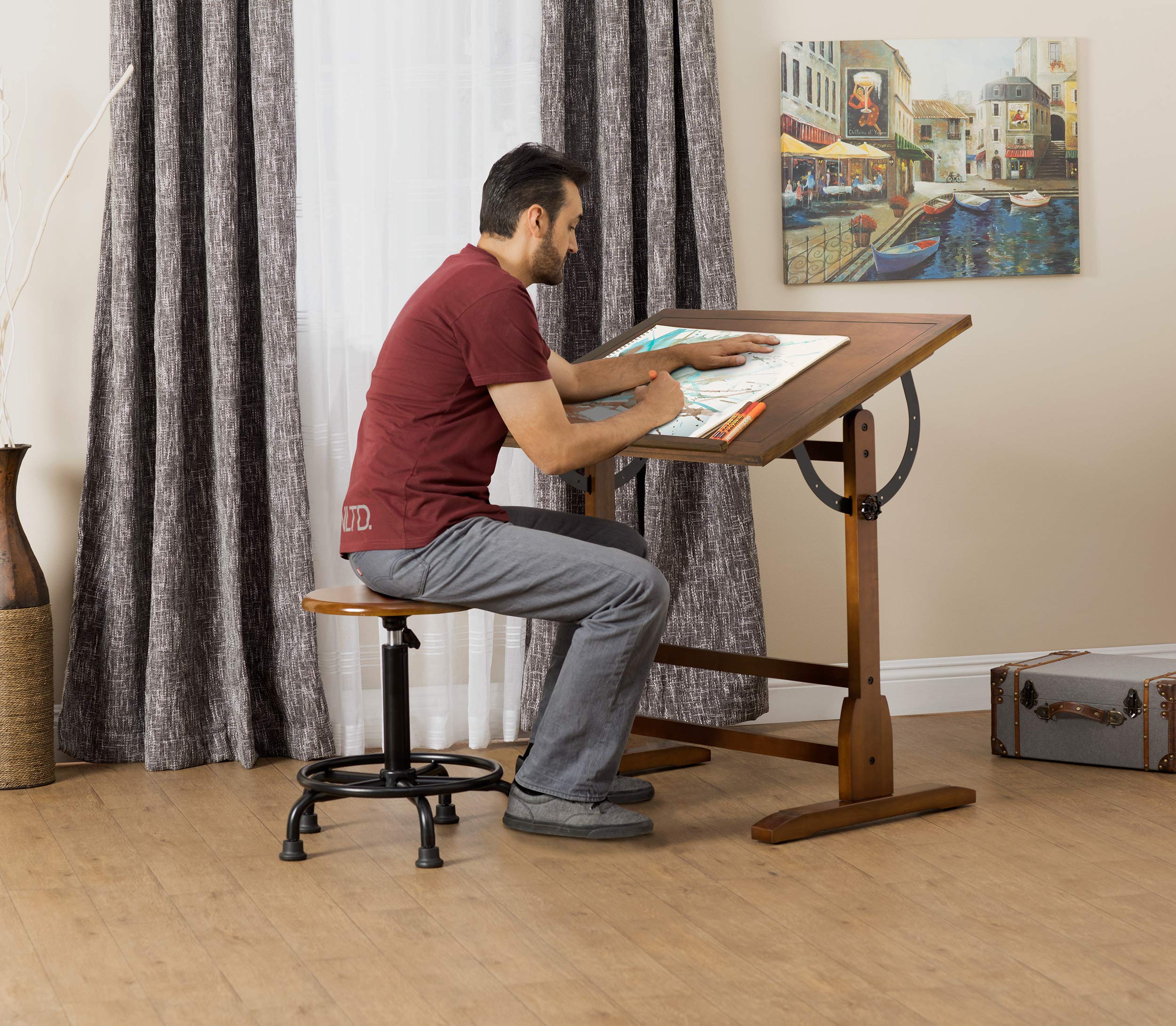 SD Studio Designs Vintage Rustic Oak Top Adjustable Drafting Craft Drawing Hobby Table Writing Studio Desk, 36''W x 24''D