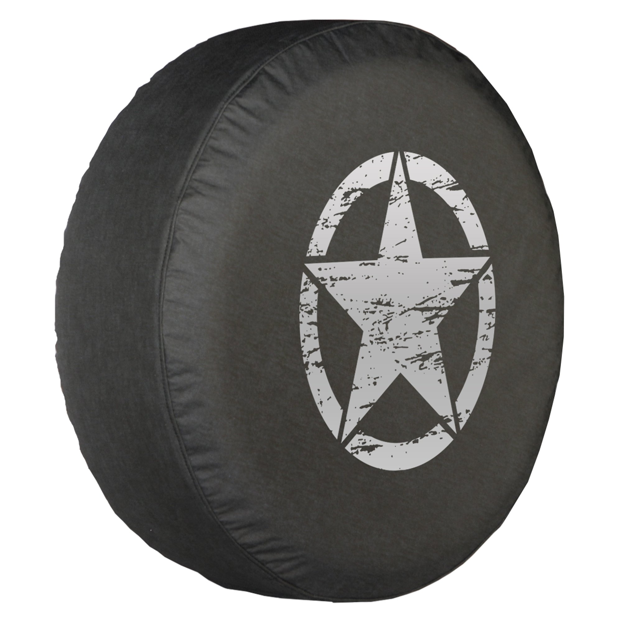 Boomerang - 35" Distressed Star - Spare Tire Cover - (Black Denim Vinyl) for Jeep Wrangler JK (2007-2018) - Silver Print - Made in The USA