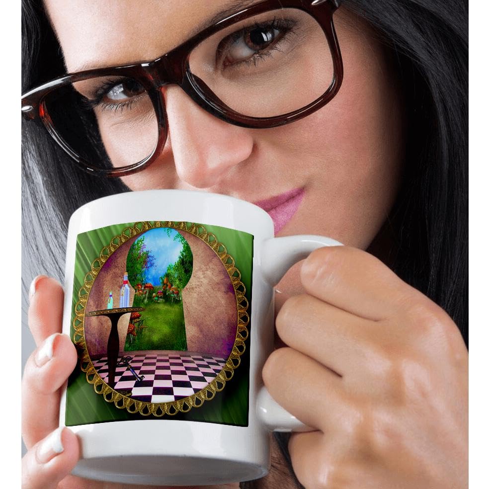 3dRose Through The Keyholes Alice in Wonderland Art Checkered Floor Bottle of Magic Water Mug, 11 oz, Ceramic