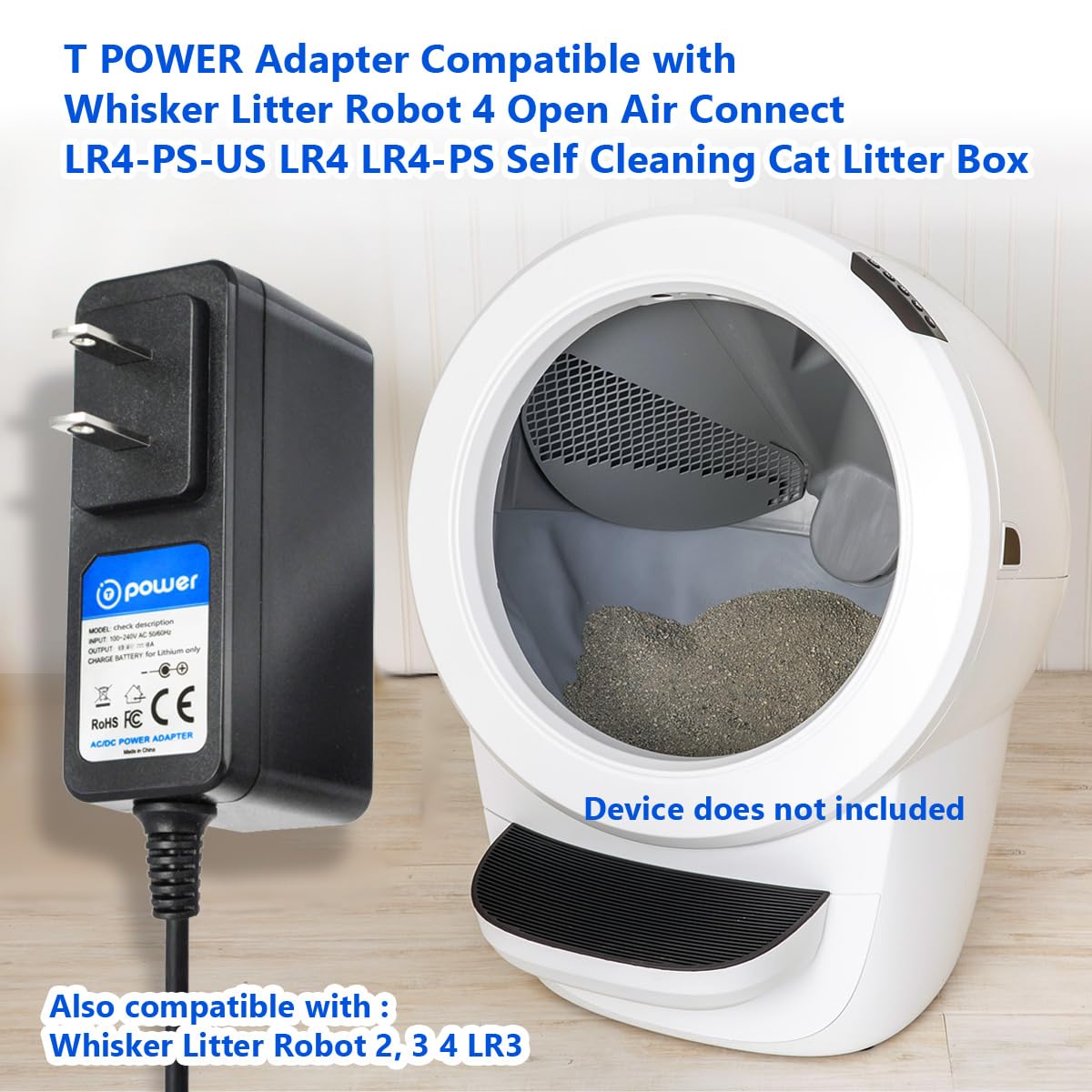 T POWER 15V Charger for Whisker Litter Robot 2, 3 4 LR3, LR4-PS-US LR3RE-1000, Litter-Robot 3 Connect Bubble Litter Robot 2,3, III 4 Open Air Self Cleaning cat Litter Box Power Supply Ac Dc Adapter