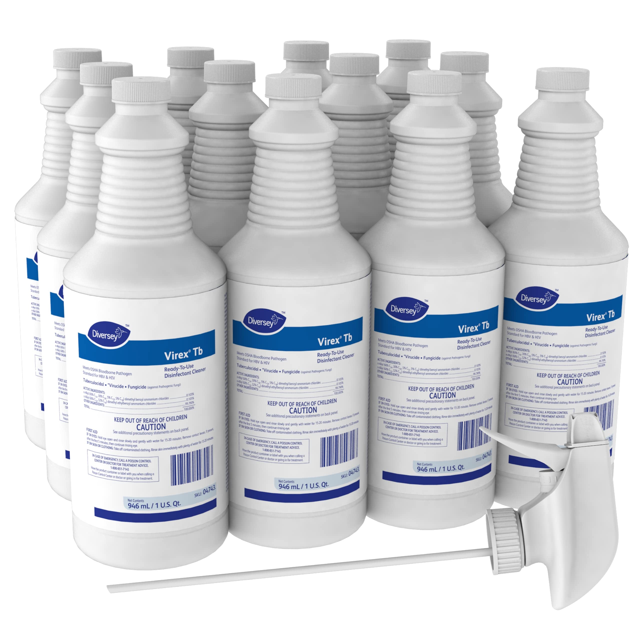VIREX Tb 04743. Disinfectant Cleaner, Hospital Use Tuberculocidal, Virucide, Fungicide with Lemon Scent, Ready-to-Use Liquid, 32-Ounce (Pack of 12 plus 1 Reusable Sprayer Nozzle)