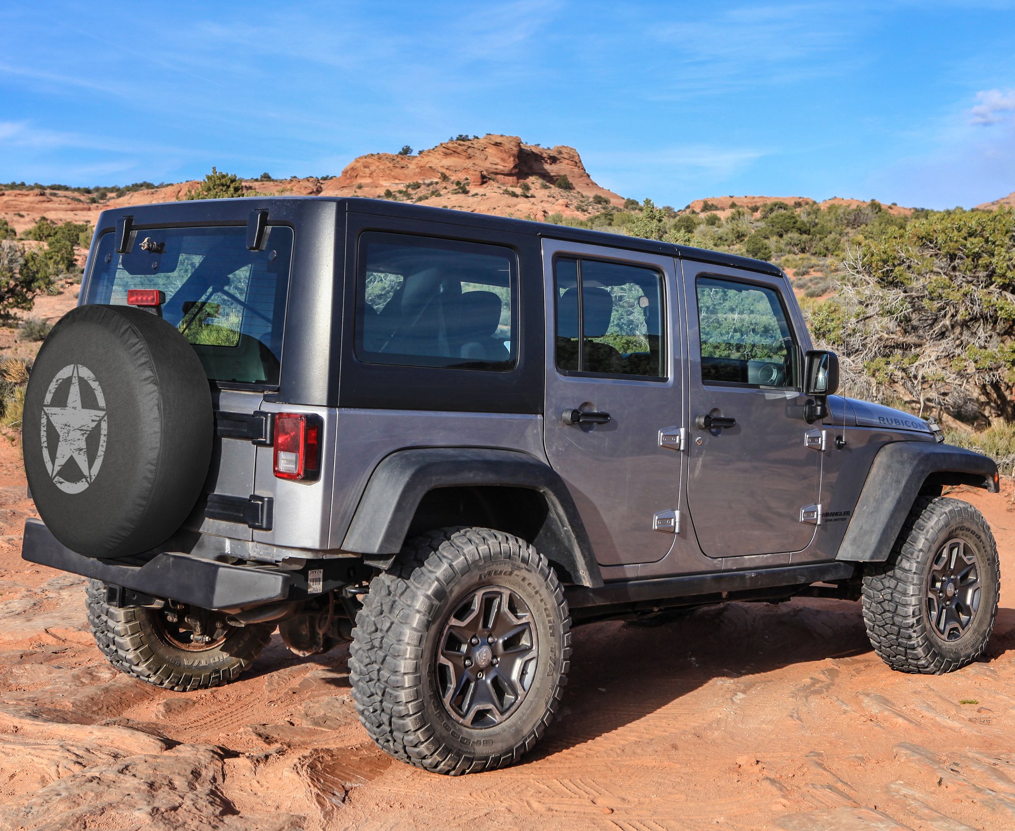 Boomerang - 32" Distressed Star - Spare Tire Cover - (Black Denim Vinyl) for Jeep Wrangler JK (2007-2018) - White Print - Made in The USA