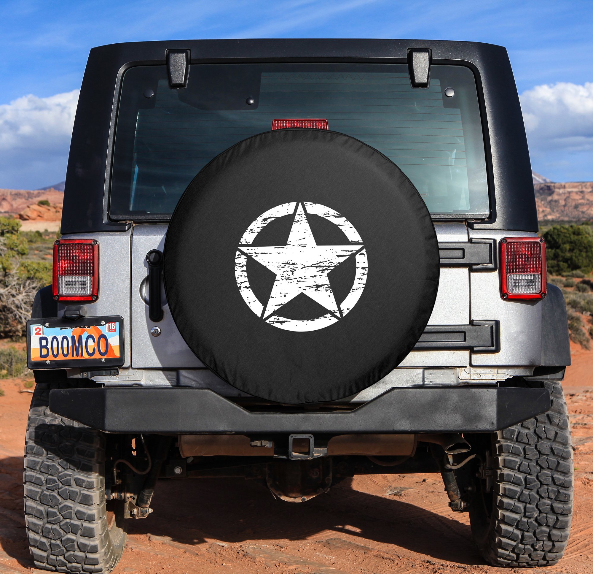 Boomerang - 32" Distressed Star - Spare Tire Cover - (Black Denim Vinyl) for Jeep Wrangler JK (2007-2018) - White Print - Made in The USA