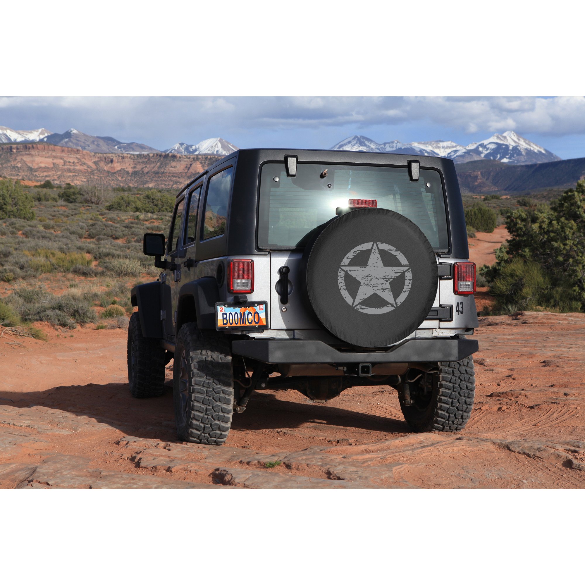 Boomerang - 32" Distressed Star - Spare Tire Cover - (Black Denim Vinyl) for Jeep Wrangler JK (2007-2018) - Silver Print - Made in The USA