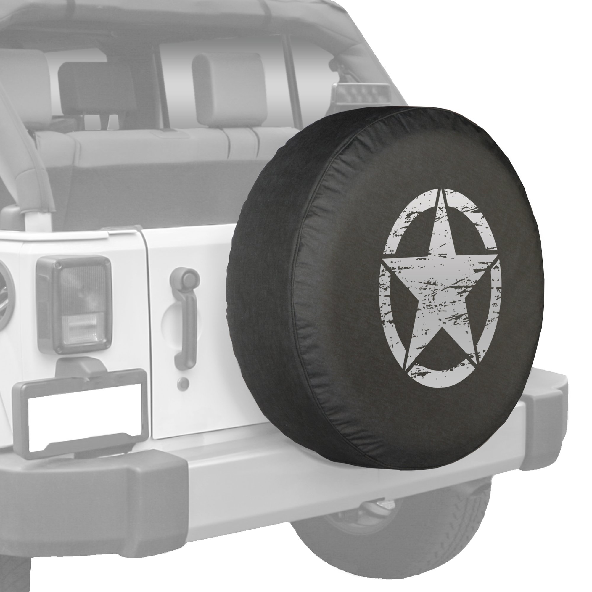 Boomerang - 32" Distressed Star - Spare Tire Cover - (Black Denim Vinyl) for Jeep Wrangler JK (2007-2018) - Silver Print - Made in The USA