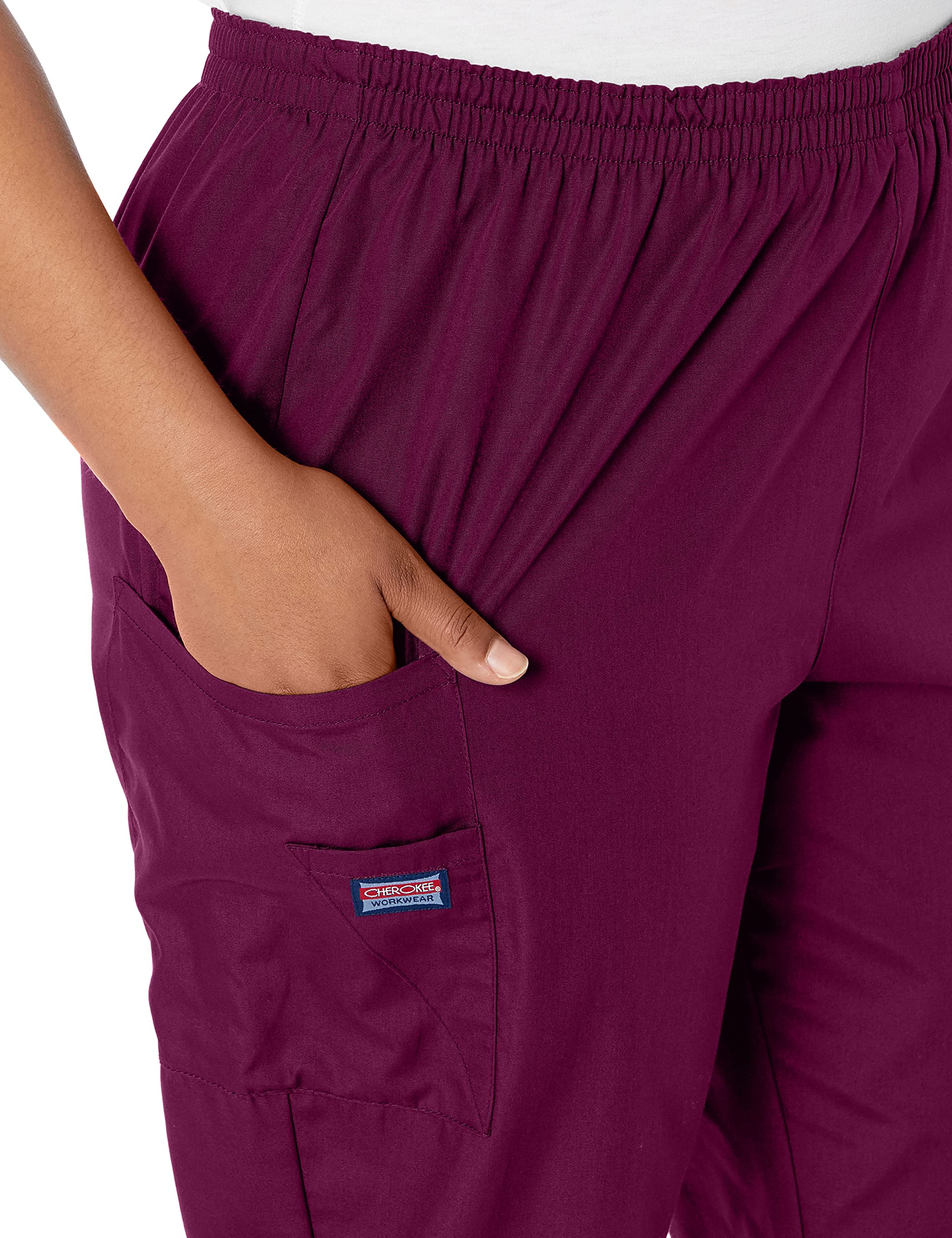 CHEROKEE Women's Workwear Elastic Waist Cargo Scrubs Pant, Wine, X-Large