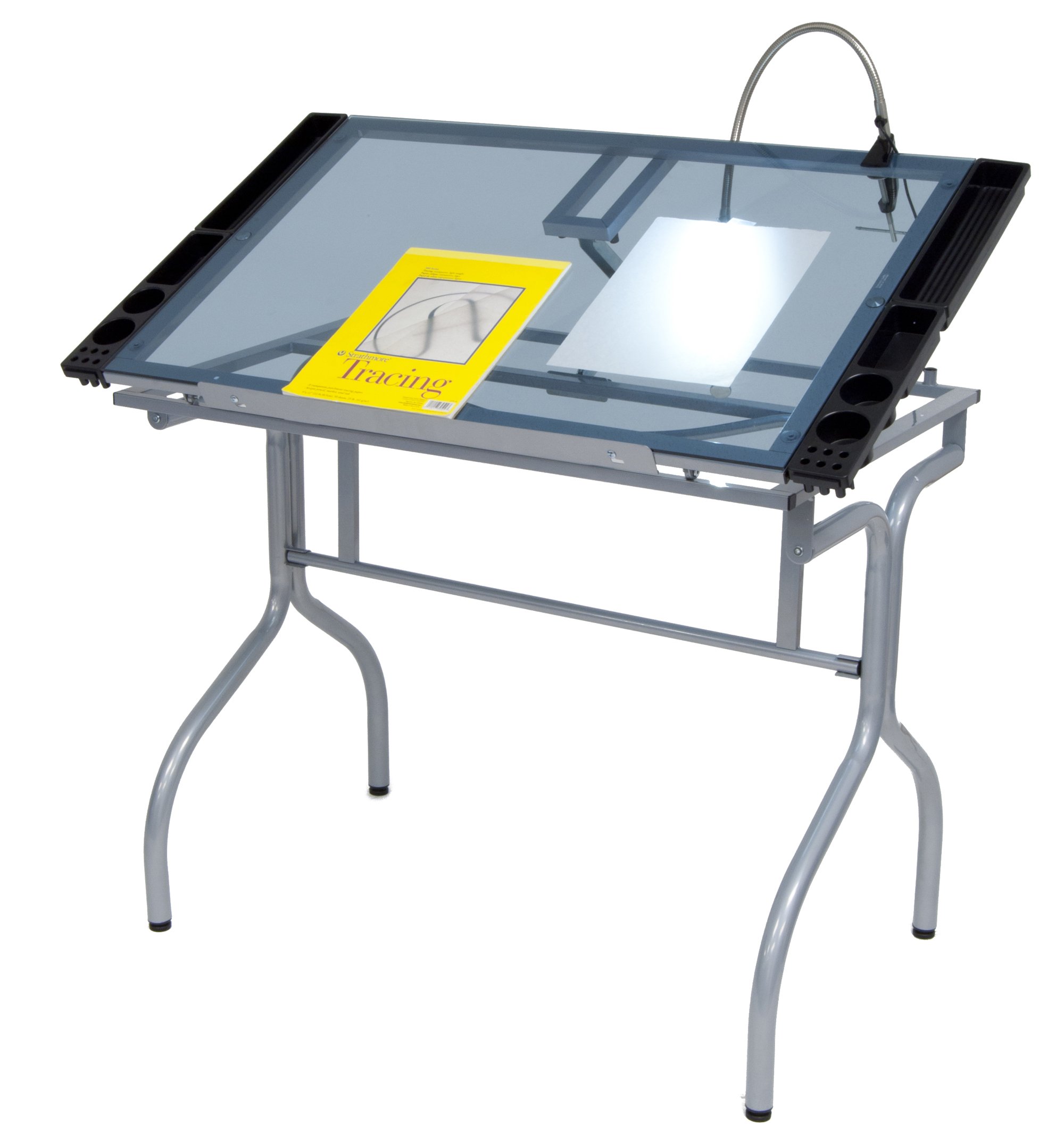 Studio Designs Folding Modern Glass Top Adjustable Drafting Table Craft Table Drawing Desk Hobby Table Writing Desk Studio Desk, 35.25" W x 23.75" D, Silver / Blue Glass