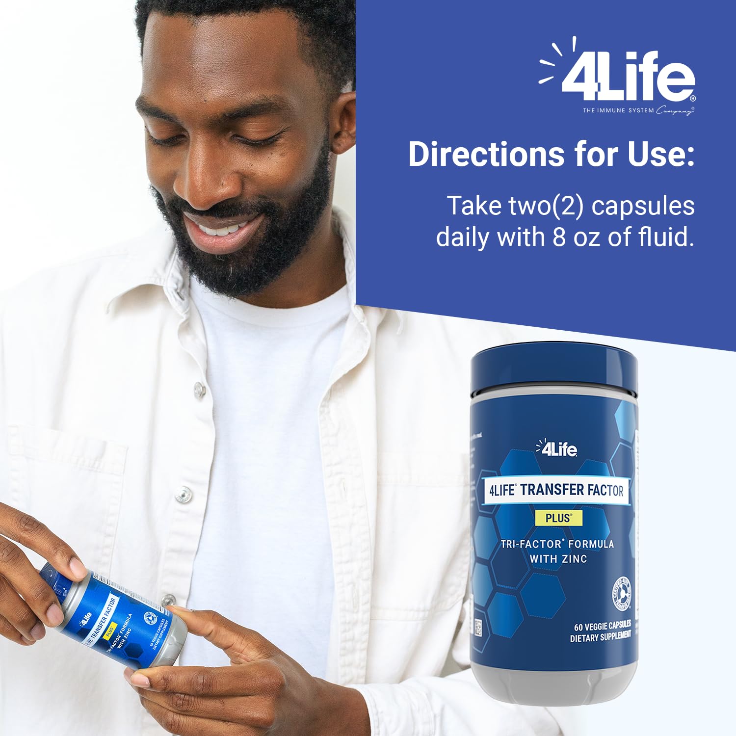 4Life Transfer Factor Plus - Support with Zinc, Super Mushroom Blend (Maitake, Shiitake, Agaricus), and Colostrum & Egg Yolk Extracts - 60 Capsules