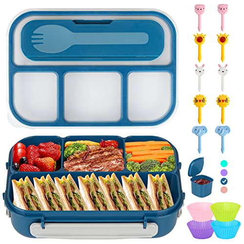 Lunch Box Kids, Bento Box Adult Lunch Box, Lunch Containers for Adults Kids Toddler, 1300ML-4 Compartment Bento Lunch Box w/ Food Picks Cake Cups, Microwave/Dishwasher/Freezer Safe, BPA Free (Blue)