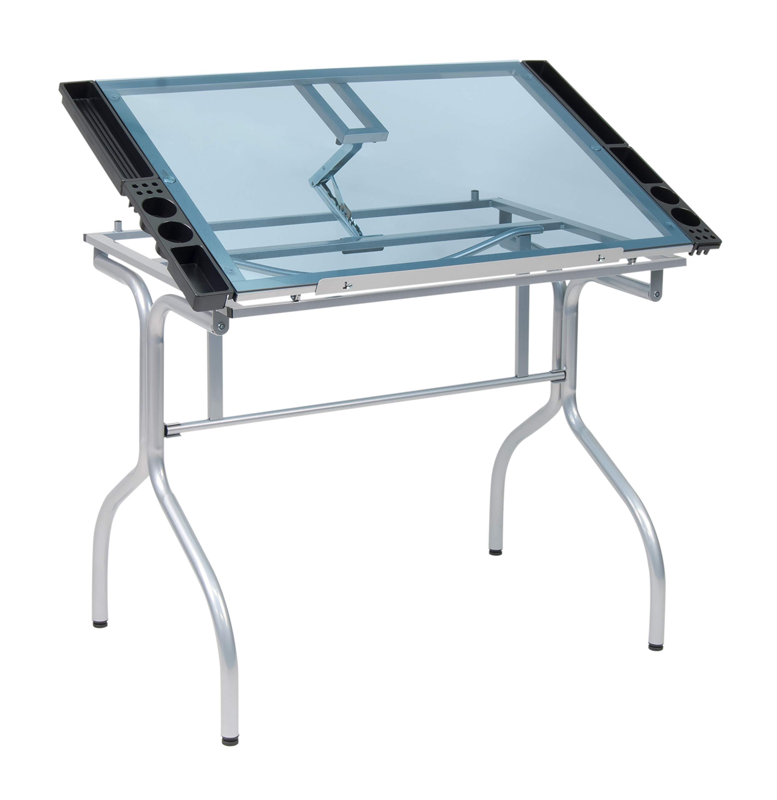 Studio Designs Folding Modern Glass Top Adjustable Drafting Table Craft Table Drawing Desk Hobby Table Writing Desk Studio Desk, 35.25" W x 23.75" D, Silver / Blue Glass