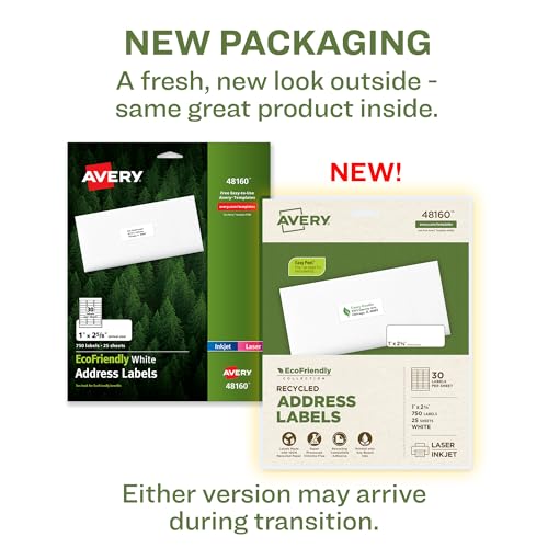 Avery EcoFriendly Recycled Address Labels, 1" x 2-5/8", White, Permanent Label Adhesive, 750 Printable Labels (48160)