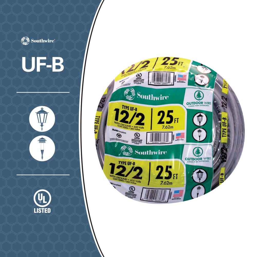 Southwire 13055921 25 ft. 12/2 Gray Solid CU UF-B W/G Wire