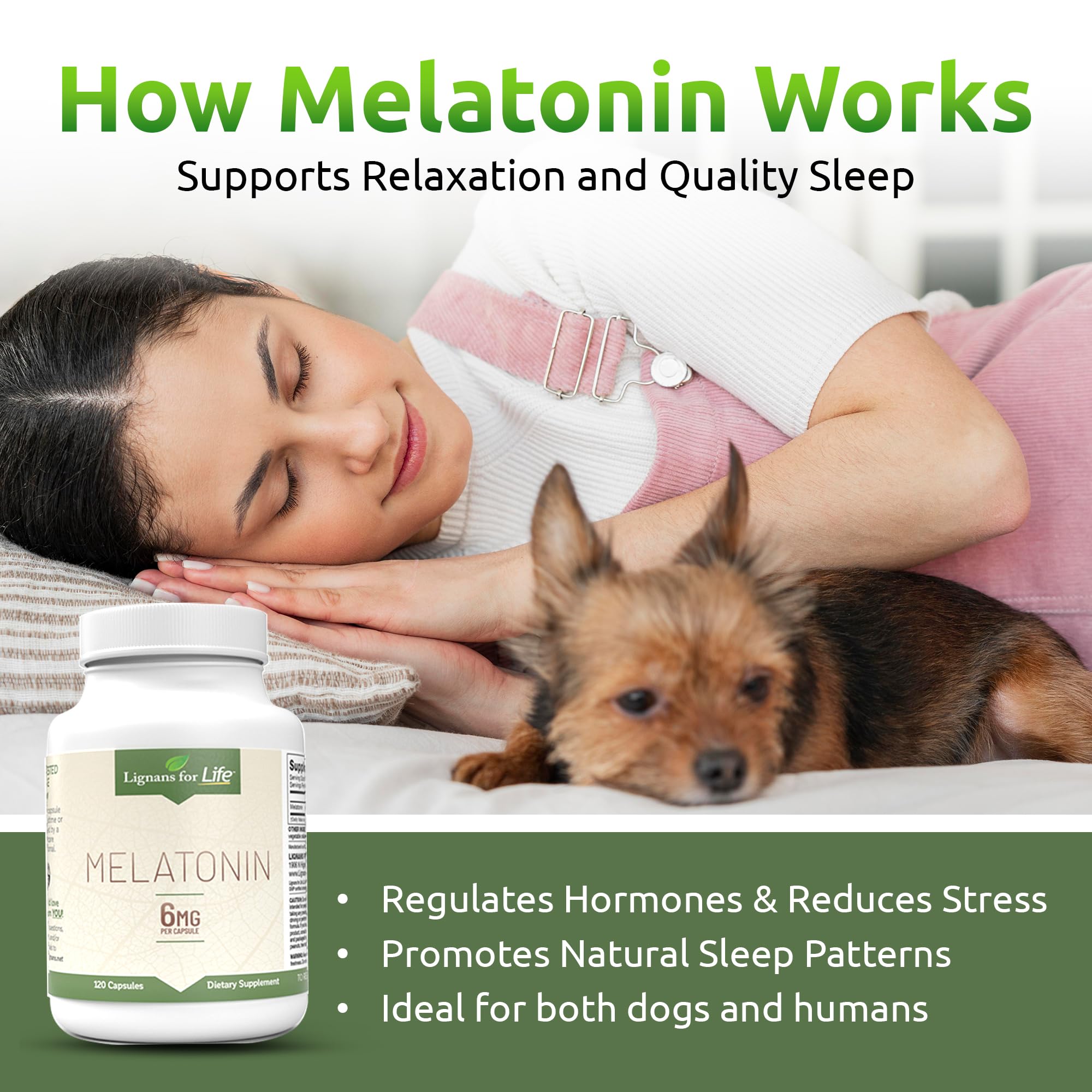 Lignans for Life Melatonin for Dogs & People, 6mg - 120 Capsules - Capsules - Pet Treats - Vitamins for Overall Health