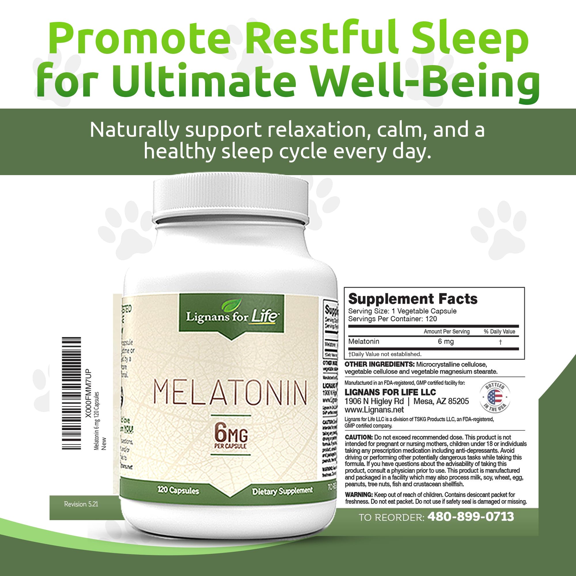 Lignans for Life Melatonin for Dogs & People, 6mg - 120 Capsules - Capsules - Pet Treats - Vitamins for Overall Health