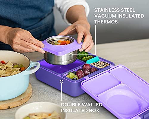OmieBox Bento Box for Kids Insulated Bento Lunch Box with Leak Proof Thermos Food Jar, 3 Compartments + Mint Green Utensil Set with Case