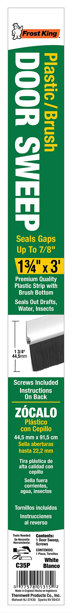 Frost King C35PH Plastic Brush Door Sweep, 1-3/4 inch x 36 inches, White